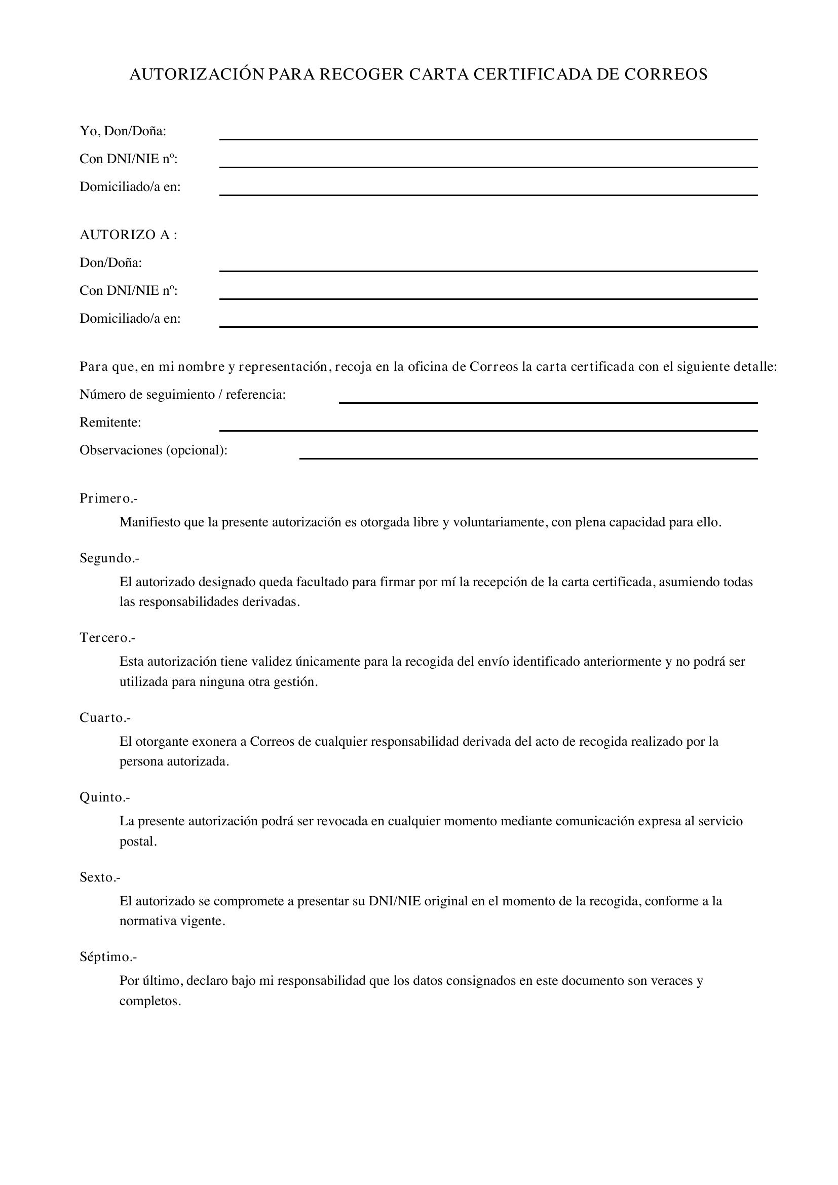 Autorización Para Recoger Carta Certificada Correos