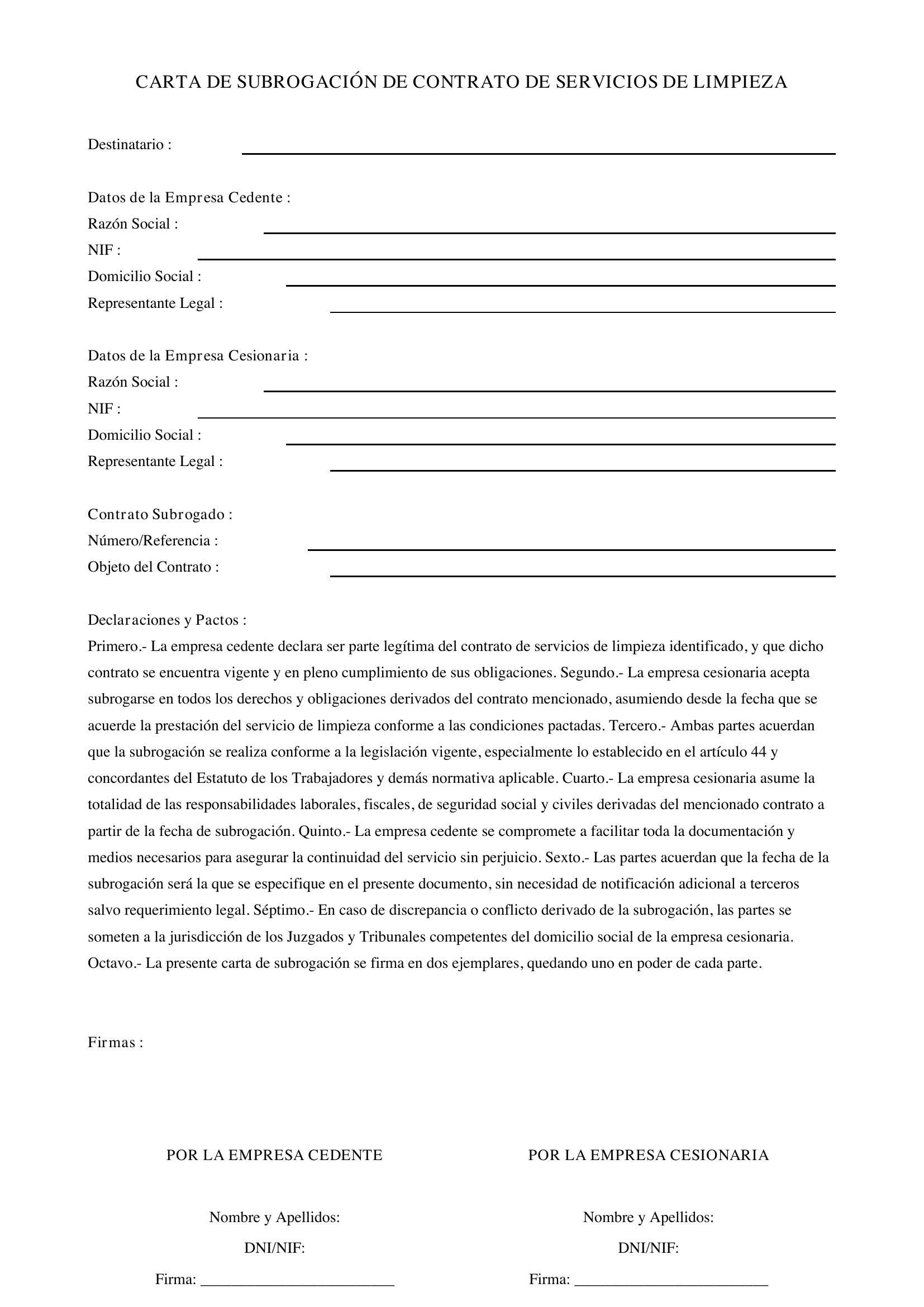 Modelo Carta Subrogación Empresa Limpieza