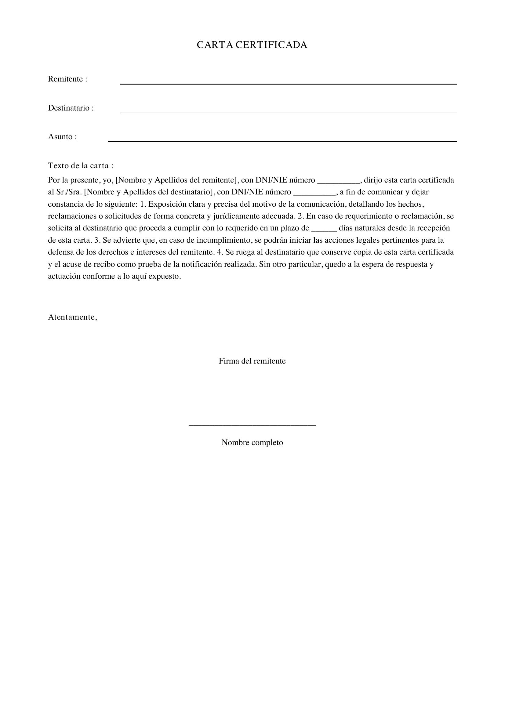 Modelo De Carta Certificada