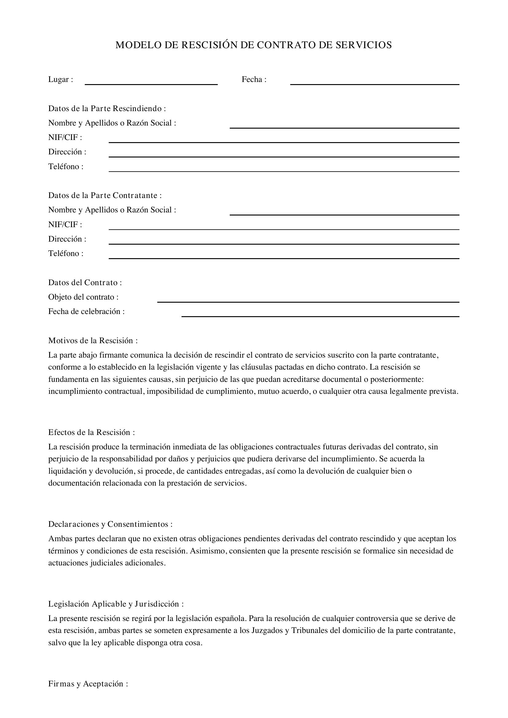 Modelo De Rescisión De Contrato De Servicios